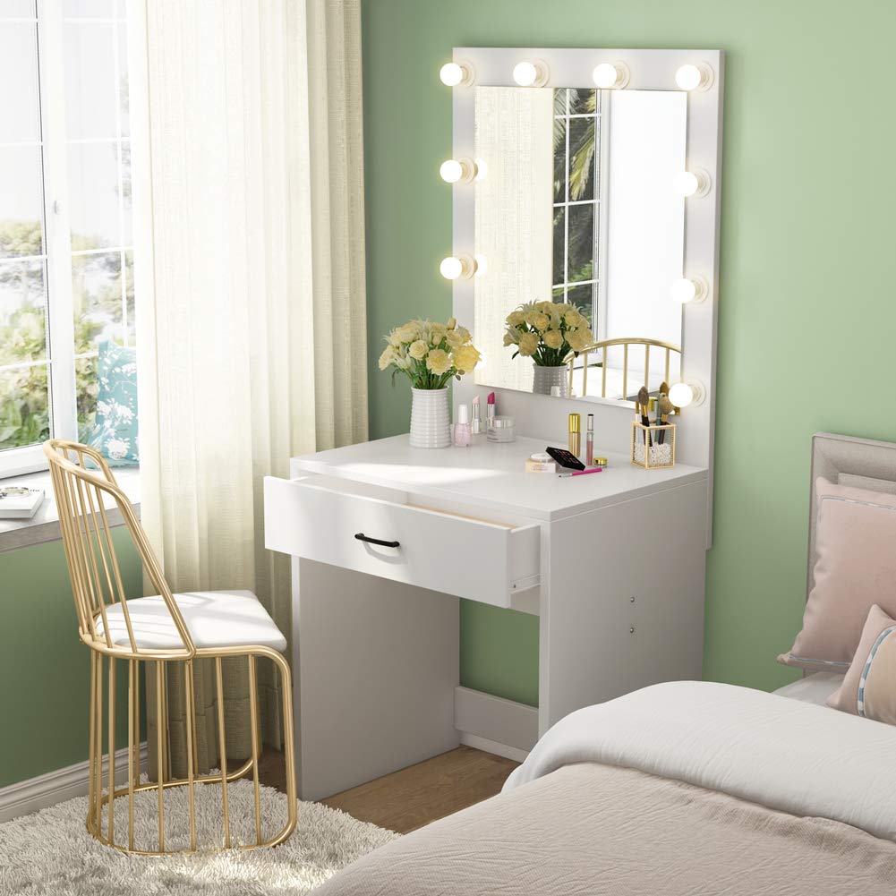 Vanity Table Set With Lighted Mirror Makeup Dressing White With 10 Warm
